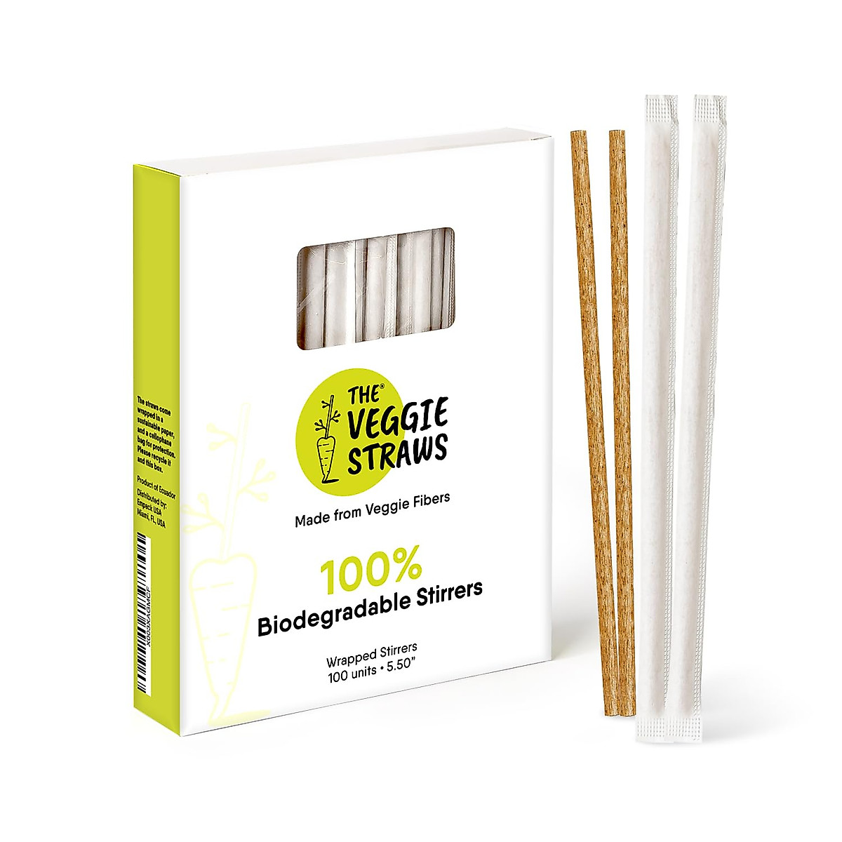 100% Biodegradable Individually Wrapped Cocktail Stirrers – 100 PCS of 5.50 Inches Premium Quality Disposable Coffee Stirrers, Best Biodegradable Stirrers for All Drinks – By The Veggie Straws
