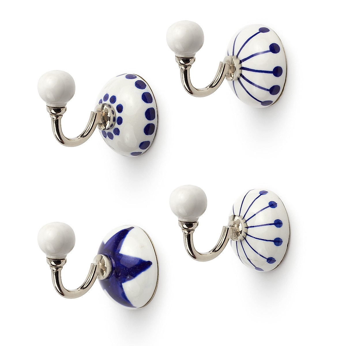 KnobKnob Set of 4 Handmade Coat Hooks | 4 Different Color Design Ceramic Towel Hooks | Wall Hooks Ideal for Any Home, Kitchen, Bathroom or Office | Antique Ceramic Hook Sets are Available (Blue)