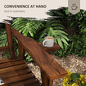 BAIVAKON Wood Outdoor Bench, 2-Person Garden Bench with Cupholder Armrests, Slatted Seat and Backrest, Park Bench for Patio, Porch, Lawn, Deck, Carbonized