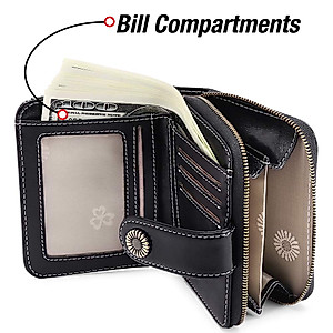 GOIACII Wallet for Women Leather Small RFID Blocking Bifold Zipper Pocket Card Holder with ID Window Black