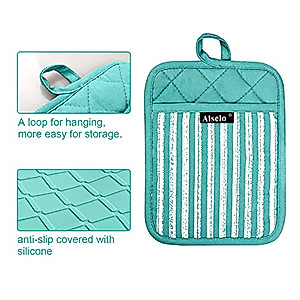 Alselo Silicone Pot Holders Set of 3 Heat Resistant & Non Slip Potholders, Professional Oven Hot Pads with Pockets Mitts for Kitchen Cooking Baking Barbecue