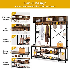 DWVO 5-in-1 Hall Tree with Shoes Storage, Large Coat Rack Shoe Storage Bench, 10 Hooks for Hallway Entryway Bench with Coat Rack, Hall Tree with Bench and Shoe Storage, Rustic Brown