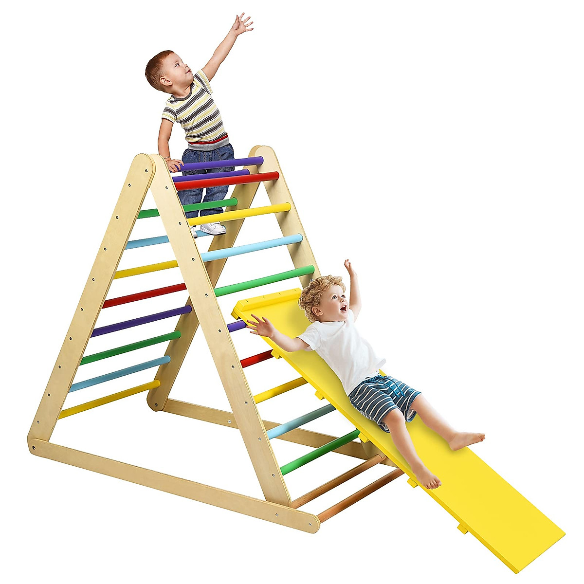 HONEY JOY Triangle Climber with Ramp, 2-in-1 Indoor Toddler Climbing Triangle Set with Ladder & Slide, Foldable Wooden Kids Climbing Toys for Playground, Gym & Daycare, Gift for Boys Girls (Colorful)