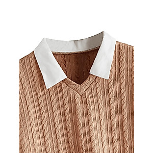 SweatyRocks Women's Collar Long Sleeve Shirt Ribbed Knit 2 in 1 Blouse Crop Top Sweater Shirt Top Cemel L