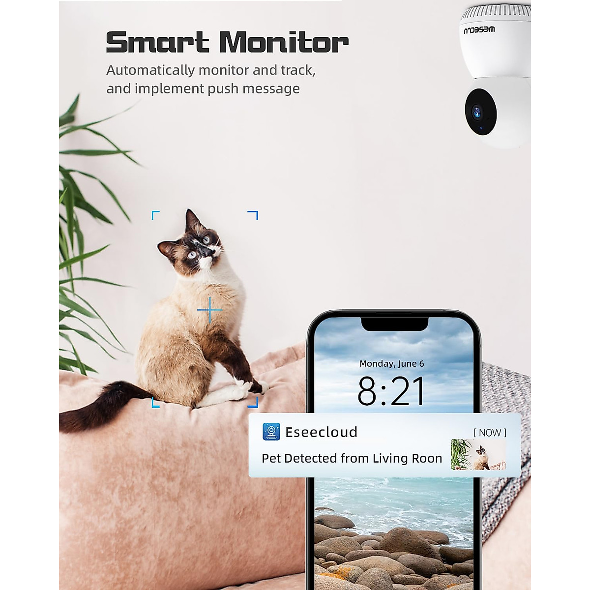 WESECUU Indoor Camera, 360 PTZ Pet Camera Dog Camera with Phone App, 2.4G WiFi Smart Video Baby Monitor Cameras for Home Security Indoor Motion Detection Siren 24/7 Night Vision 2 Way Talk Cloud/SD