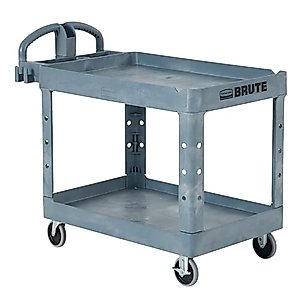 Rubbermaid Commercial Products Brute Heavy Duty 2-Shelf Utility/Service Cart, Medium, Lipped Shelves, Ergonomic Handle, 500 lbs. Capacity, Gray, for Warehouse/Garage/Cleaning/Maintenance/Stadiums