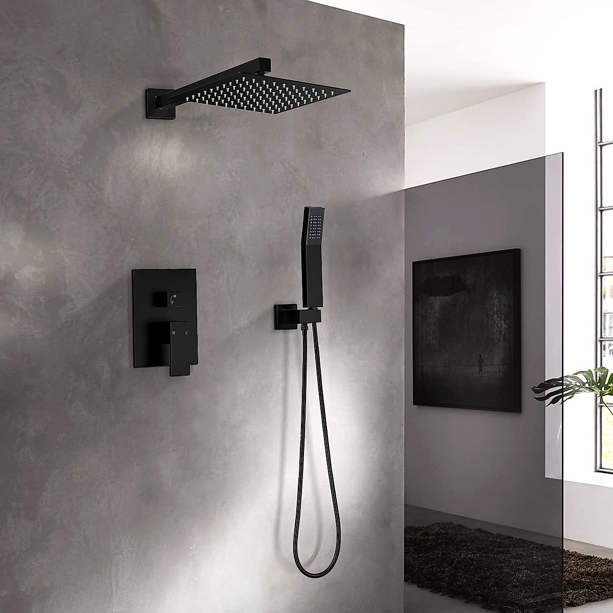 Qomolangma 10 inch Rain Shower System, Black Shower Faucet Set with Pressure Balance Valve, Wall Mounted 2-Functions Bathroom Shower Systems with Rain Shower and Handheld Spray Shower Trim Included