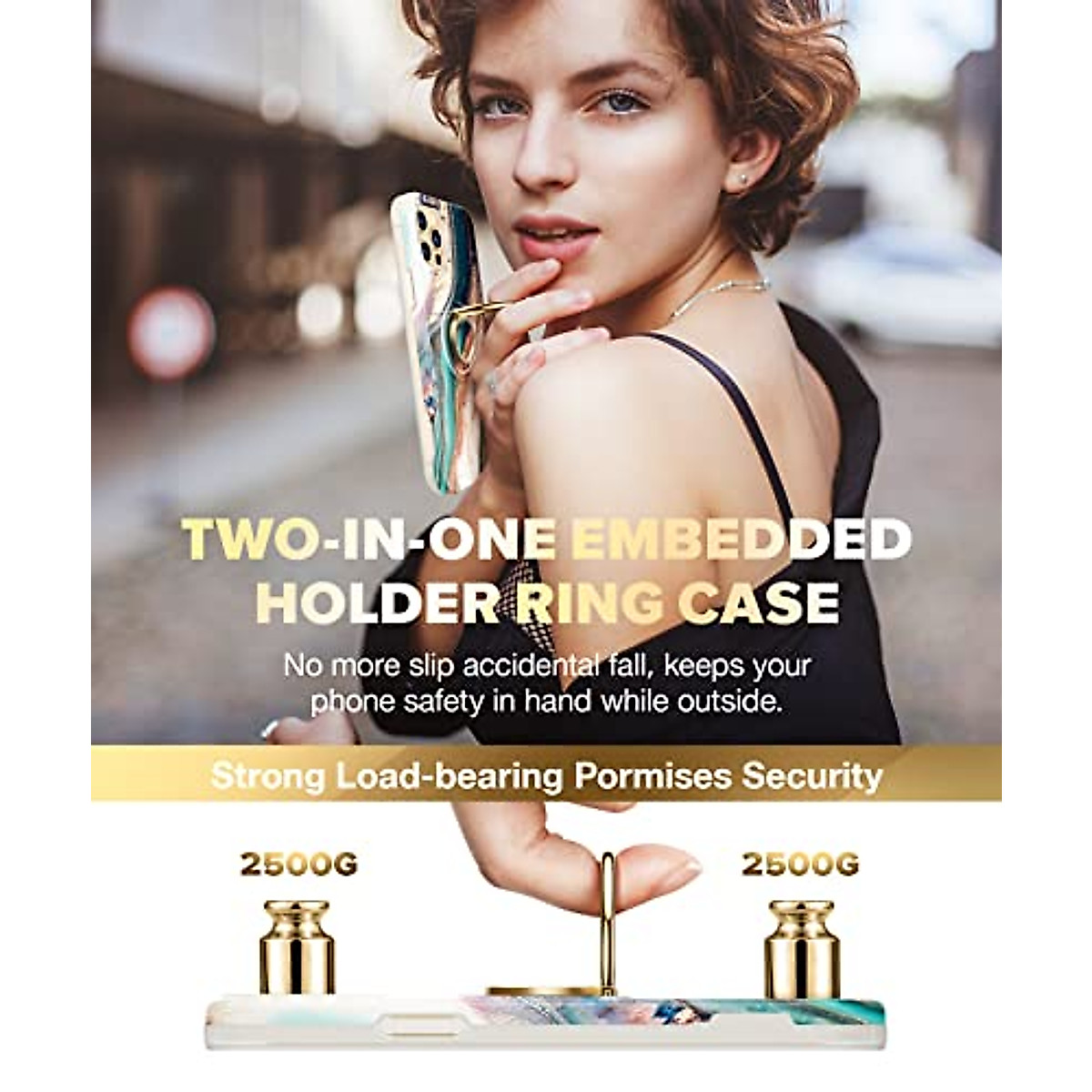 GVIEWIN for iPhone 12 Pro Max Case 6.7 Inch, Built-in 360° Rotate Ring Stand, Stylish Durable Marble Pattern Shockproof Kickstand Phone Holder Protective Case Cover (Drift Sand/Brown)