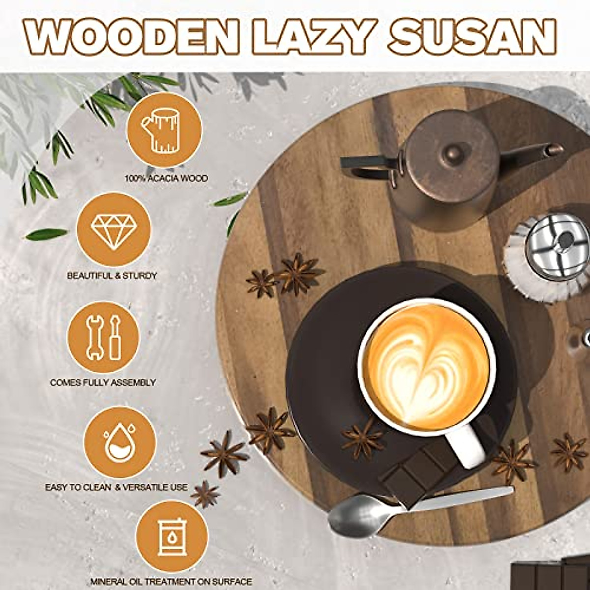Lazy Susan Kitchen Cabinet Organizers - 13.2 Inch Acacia Wood Lazy Susan Turntable Organizer for Pantry Table Countertop Bathroom Organization and Storage, Non-Skid, Strong Kitchen Accessories