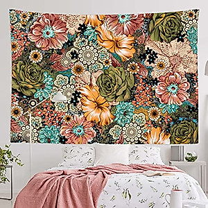 chiinvent Colorful Floral Tapestry Boho Flower Wall Hanging Multi Color Bohemian Flowers Plant Tapestries Botanical Nature Scenery Aesthetic Tapestry Decor for Bedroom Home Party, 59.1" x 82.7"