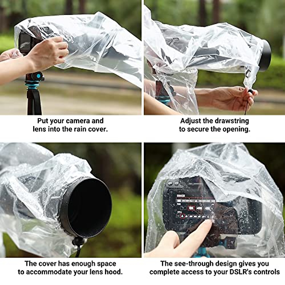 DSLR Camera Rain Cover JJC Rain Coat Sleeve Protector for Canon Nikon Fujifilm Sony Olympus Panasonic Pentax Sigma with a Lens up to 18" PE Material Clear See-Through(2 Pack)