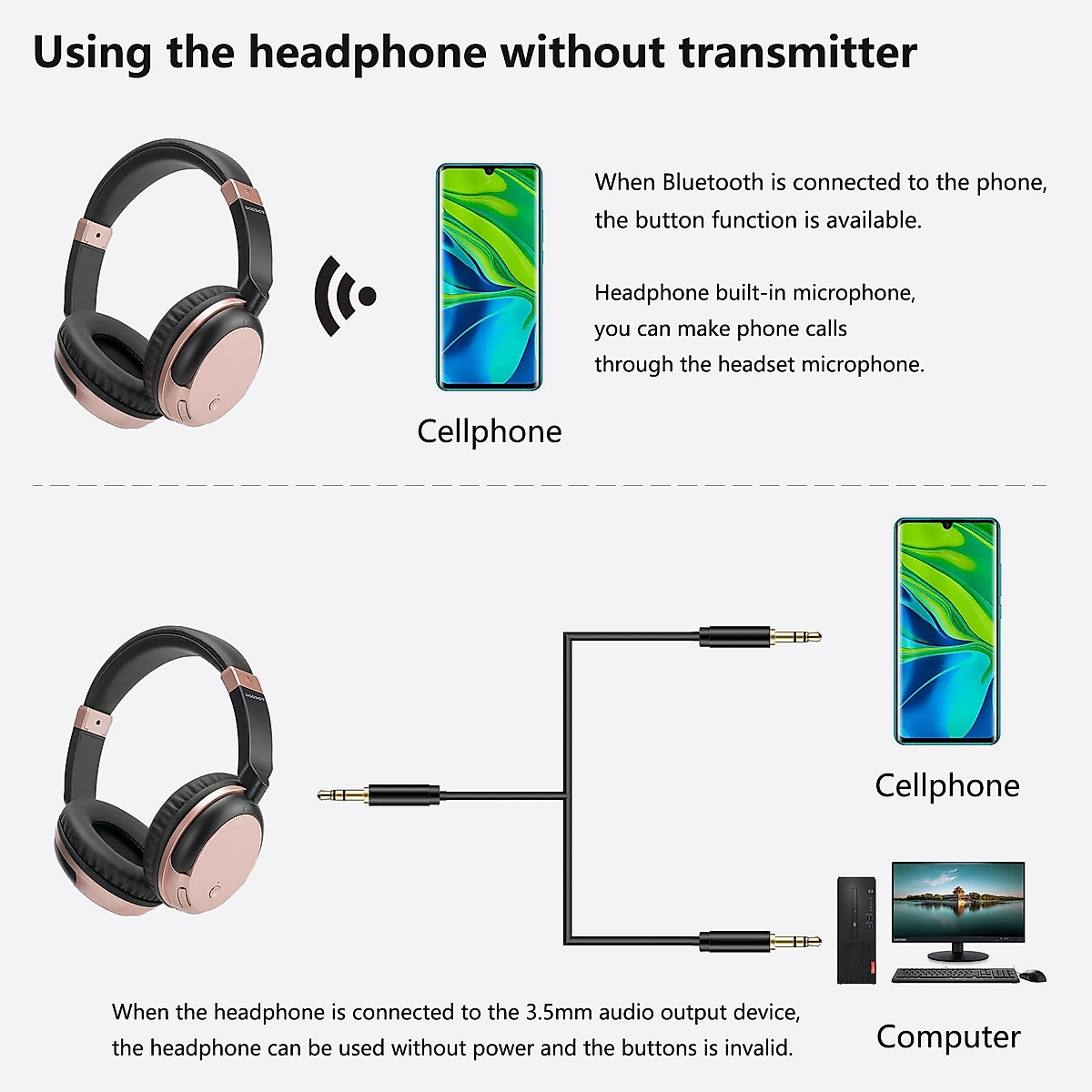 BAOBER Bluetooth Wireless Over Ear Light Weight Headphone with Low Latency USB Transmitter for TV,PC,3.5mm Audio Device, Stereo Wireless Headset Built-in Microphone for Cell Phone (Rose Gold)