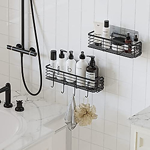 Tindbea Shower Caddy, Adhesive Shower Shelves with 6 Hooks, Bathroom Shower Organizer Racks No Drilling, Rustproof Stainless Steel Shower Storage Shelf for Inside Shower, 2 Pack, Matte Black