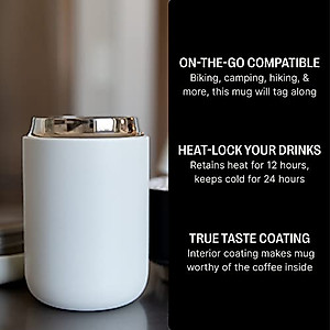 Fellow 12 oz Carter Wide Travel Mug - Wide Mouth Vacuum-Insulated Stainless Steel Coffee Mug - Tea and Coffee Tumbler - Travel Coffee Mug with Ceramic Interior - Matte White