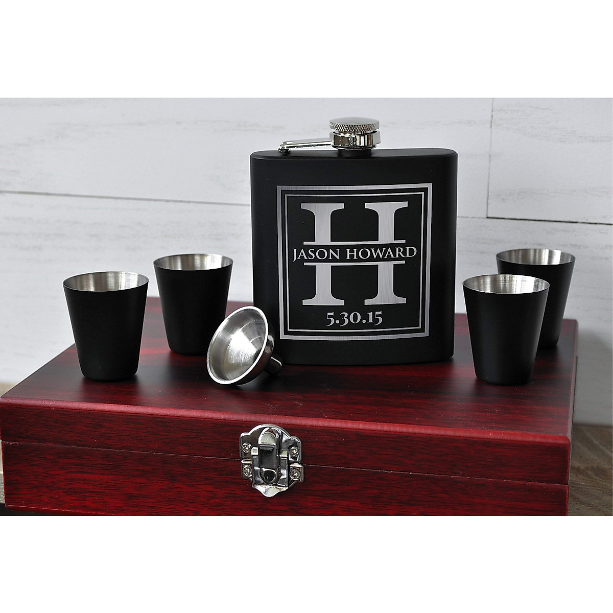 Personalized Flask Set With Shot Glasses With Wood or Black Gift Box