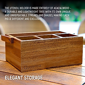 Qualerica Acacia Silverware Caddy with Handle, Rustic Utensil Holder with Handle for Farmhouse Kitchen Decor, Mulip-pose Organizer for Kitchen, Bathroom, Office, Bedroom (Four Compartments)