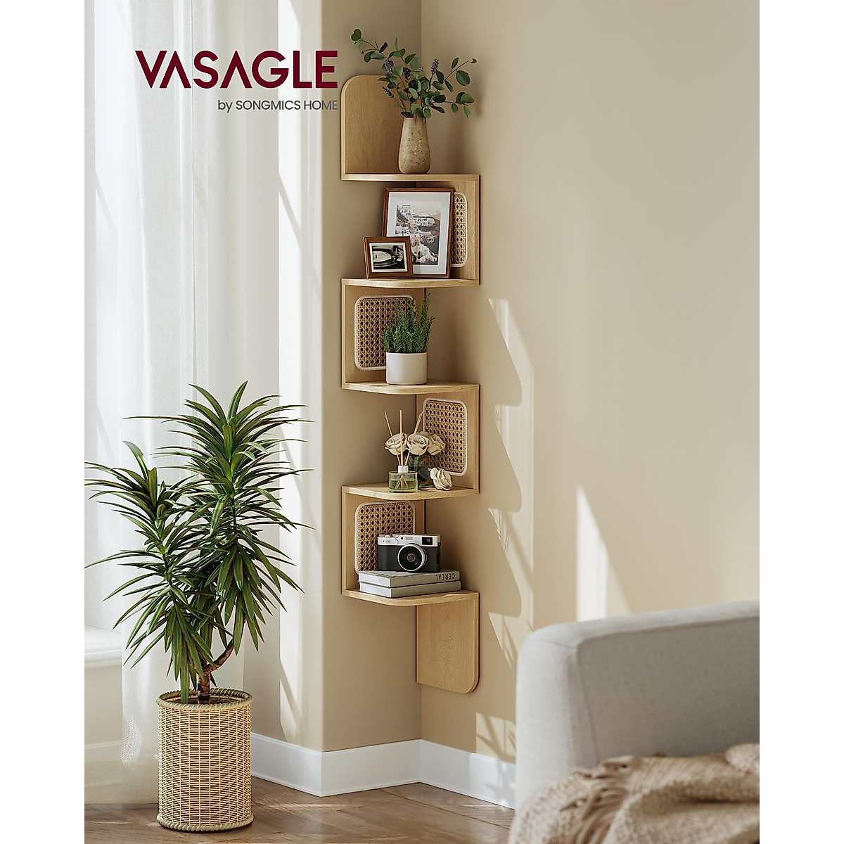 VASAGLE 5-Tier Corner Shelf, Wall Mounted Floating Shelf, Zigzag Corner Shelf Unit, PVC Rattan Sides, Space-Saving, for Kitchen, Living Room, Bedroom, Boho Style, Oak Beige ULLS582Y57