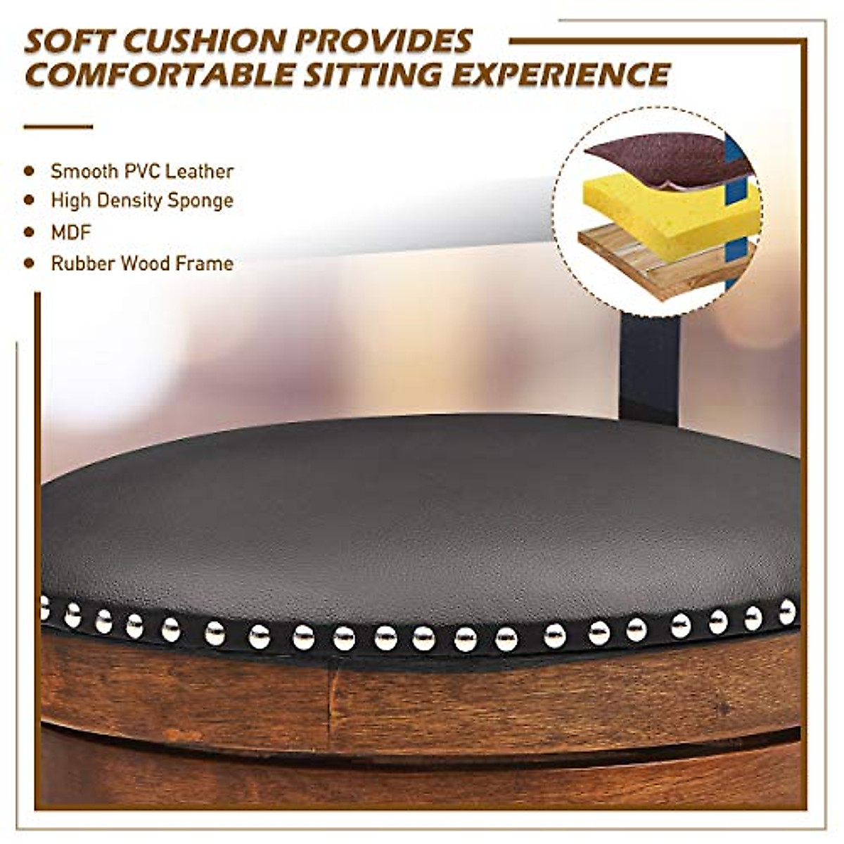 COSTWAY Bar Stools Set of 2, 360-Degree Swivel Stools with Leather Padded Seat, Single Slat Ladder Back & Solid Rubber Wood Legs, Bar Height Stools for Pub, Restaurant, Kitchen, Brown (2, 30.5)