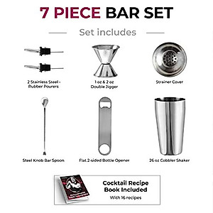 7-Piece Cocktail Shaker Set - Bar Tools - Stainless Steel Cocktail Shaker Set Bartender Kit, with All Bar Accessories, Cocktail Strainer, Double Jigger, Bar Spoon, Bottle Opener, Pour Spouts