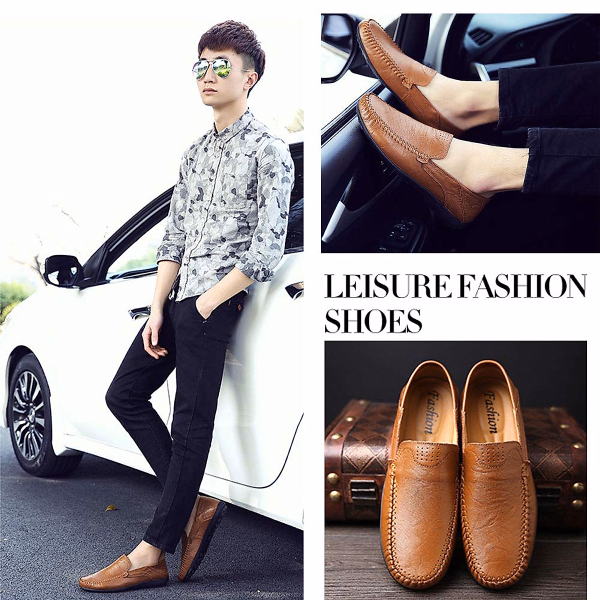 Lapens Men's Driving Shoes Premium Genuine Leather Fashion Slipper Casual Slip On Fashion Sneakers Breathable Mules Sandals Loafers Shoes LPMLFS1588-RB45 Red/Brown