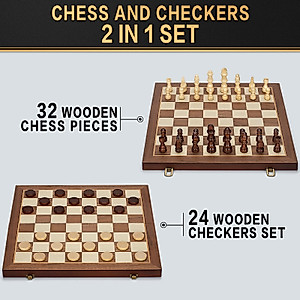 2 in 1 Magnetic Wooden Chess and Checkers Board Game Set, 15" Folding Chess Boards with 2 Extra Queens, Portable Travel Chess Sets with Pieces Storage Slots, Beginner Chess Game Set for Kids, Adults