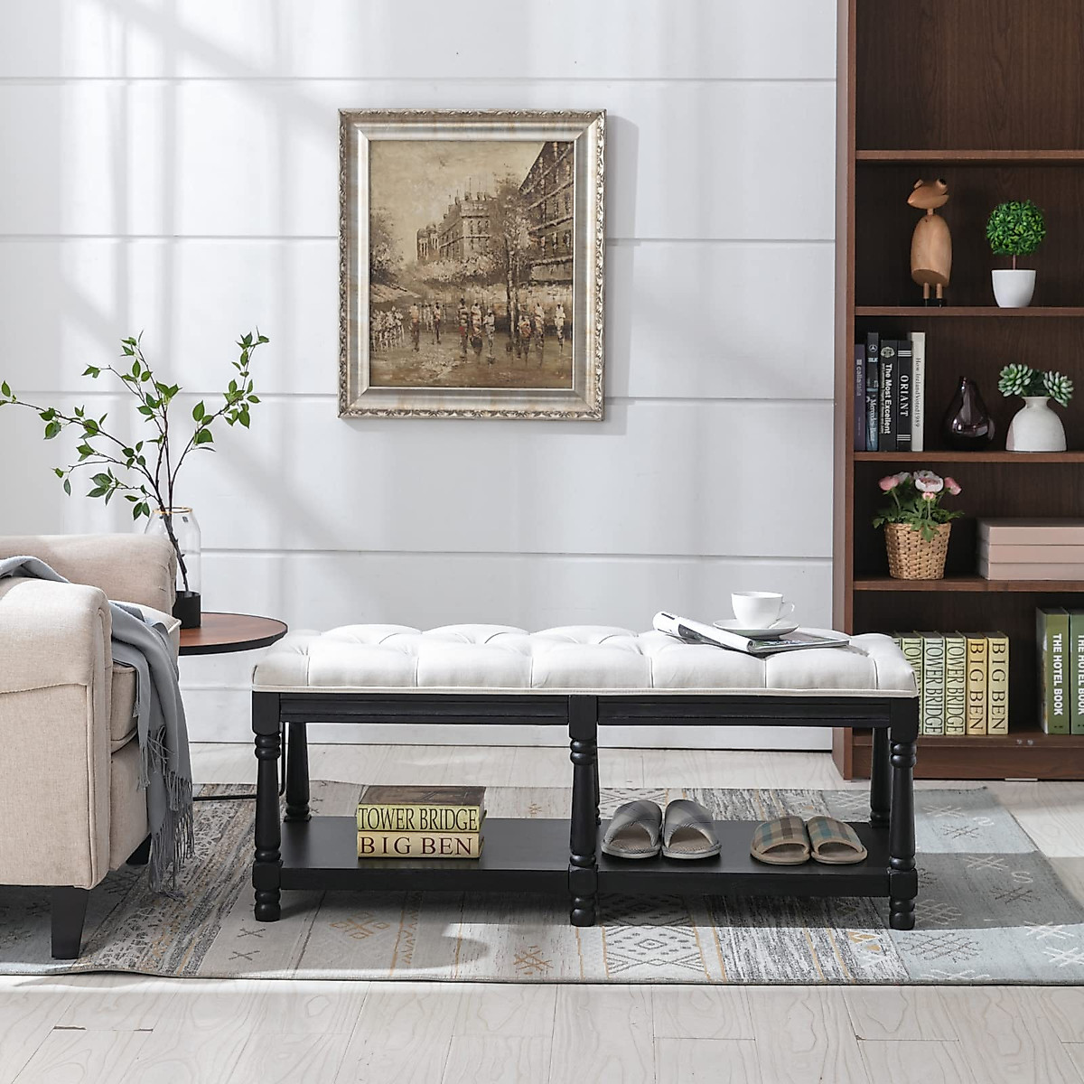 CIMOO Ottoman Storage Bench Upholstered Bedroom Bench for End of Bed Wooden Entryway Bench Tufted Padded Bench Seat for Farmhouse, Indoor Window, Black White