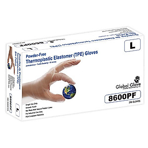 Global Glove 8600PF Thermoplastic Elastomer (TPE) Powder-Free, Clear, 2 Mil, Smooth Finish, 10-Inch Disposable Gloves (Large) - Box of 200