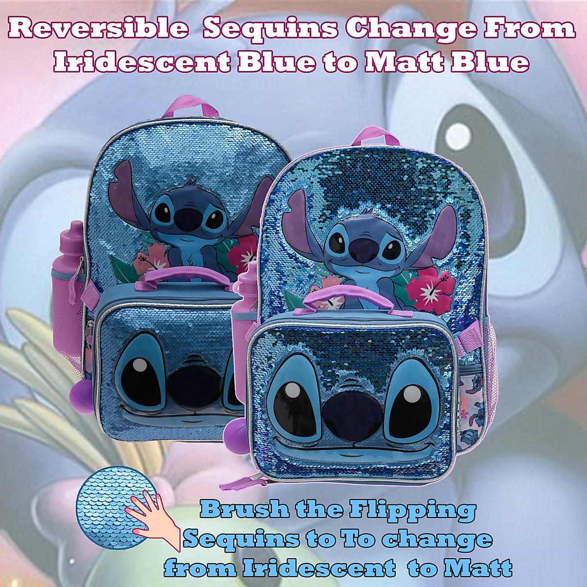 Disney Lilo & Stitch Girls 4 Piece Backpack Set, Blue Flip Sequin School Travel Bag with Front Zip Pocket, Mesh Side Pockets, Lunch Box, Water Bottle, and Squish Ball Dangle