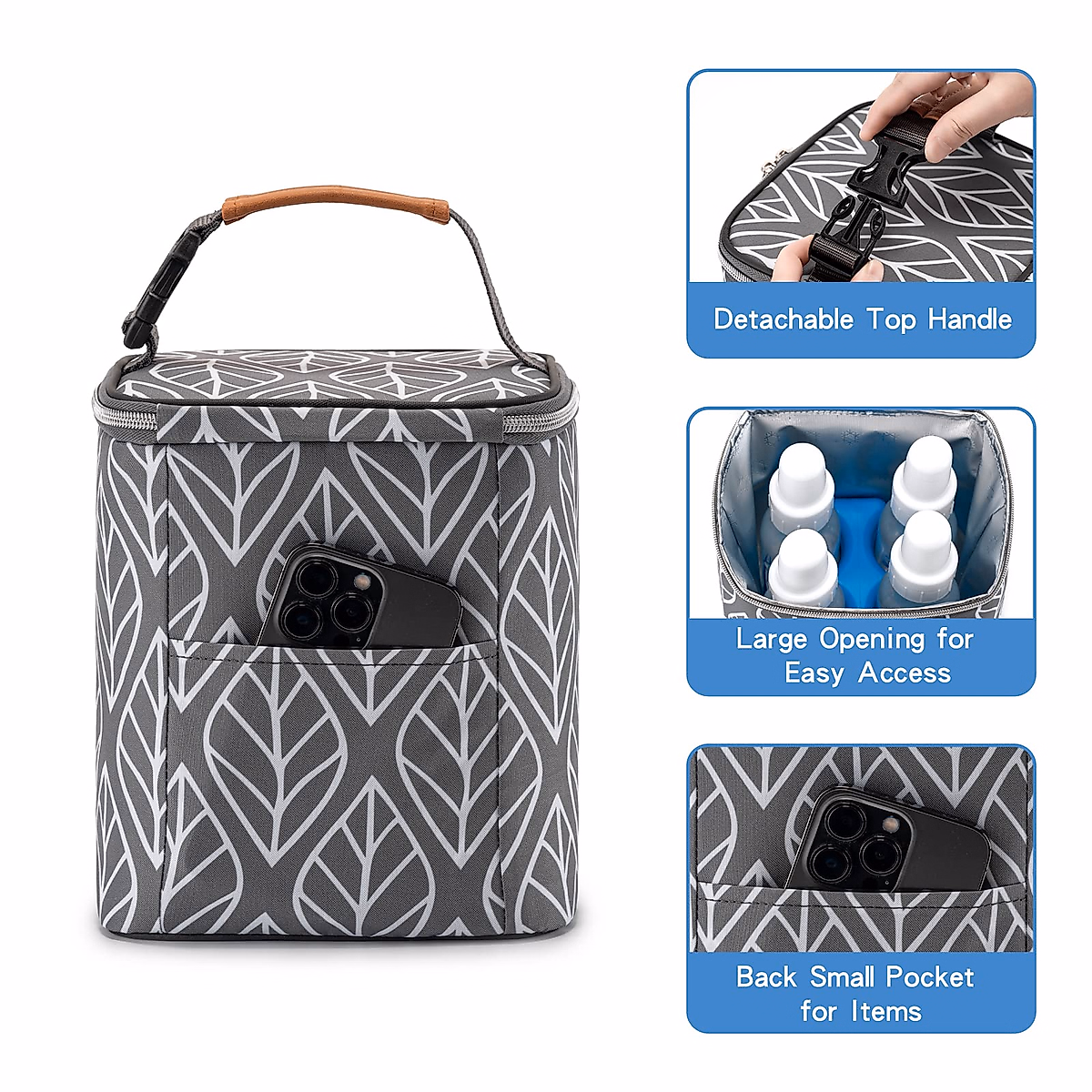 BABEYER Breast Milk Cooler Bag with Ice Pack Fits 4 Baby Bottles Up to 9 Ounce, Baby Bottle Bag for Nursing Mom Daycare-Grey