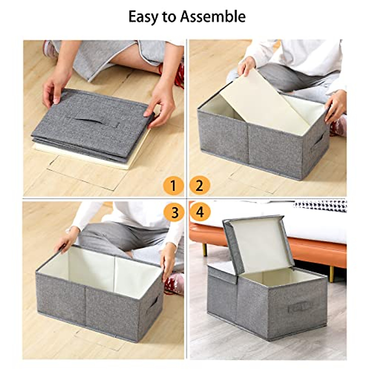 FIHAP Collapsible Storage Bins with Lids for Clothes, Sturdy Fabric Storage Cubes Container, Foldable Closet Organizer, Stackable Box for Bedroom Sheets Blankets Toys, 3 Pack, Grey