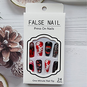 Halloween Press on Nails Medium Coffin Fake Nails Spider Eyeball Halloween Nails Press on Bloodstain Spider Web Acrylic Full Cover False Nails with Designs Gloosy Glue on Nails for Women&Girls 24PCS