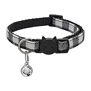 MJIYA Cat Collar with Bell, Breakaway Grid Collar with Plastic Buckle, Light Adjustable, Nylon, Kitty Collars (Black, M)