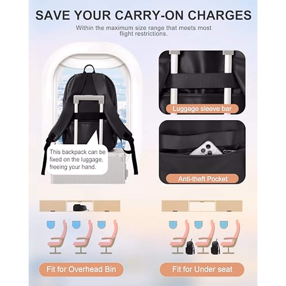 Laptop Backpack Women, Faux Leather Work Travel Backpack for Men with USB Port, Waterproof Fashion Casual Daypack for Business University, Large Capacity Carry On Backpack for Airplanes, Black