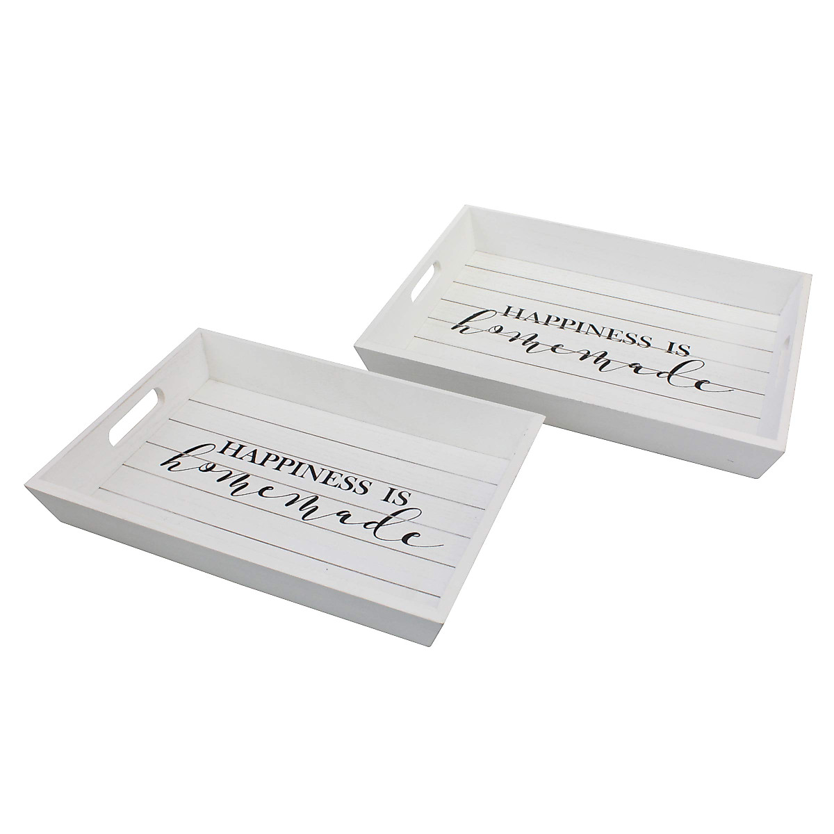 Stonebriar Decorative Rectangle Worn White Wooden Happiness is Homemade Tray Set with Handles