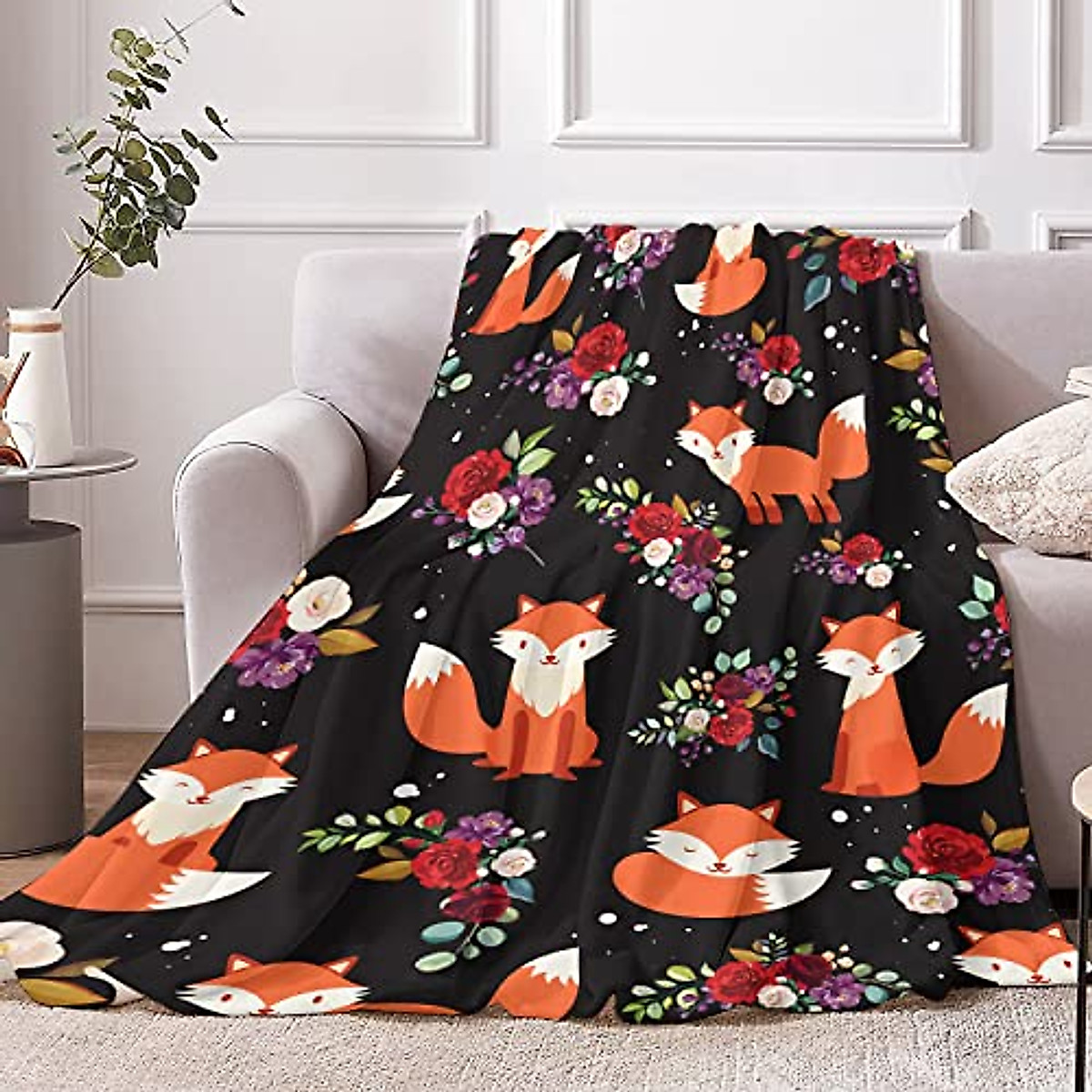 udten Fox Gifts for Women, Fox Blanket with Flower Decor, Fox Gifts for Fox Lovers Fox Blankets for Girls, Fox Throw Blanket for Kids Women Birthday Mother's Day Children's Day Gifts,60"x50", Black