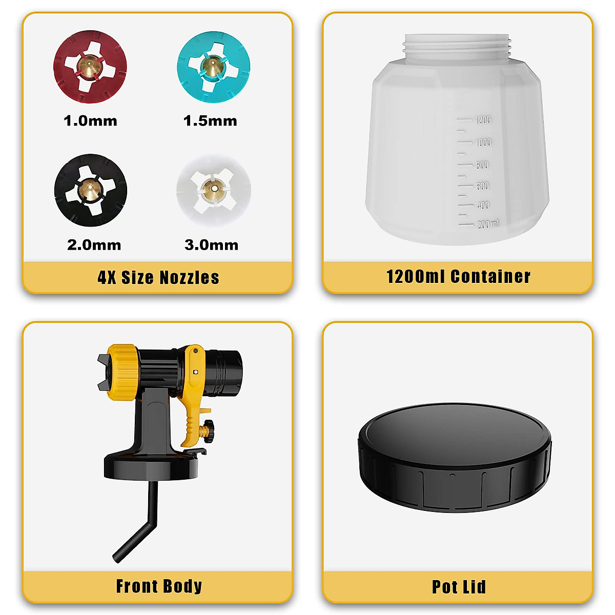 VONFORN Paint Sprayer Accessories for VF803, Including 1200ml Container, Front Body (Black), 4 Copper Nozzles, Pot Lid