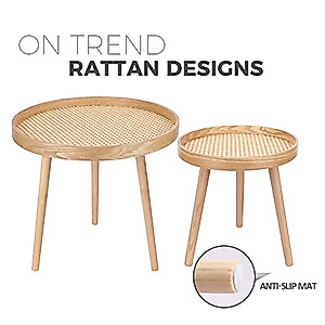 Round Coffee Table Set of 2, Natural Boho Coffee Table, Small Mid Century Modern Rattan Coffee Table, Boho Side Table End Tables for Living Room Bedroom Office Balcony