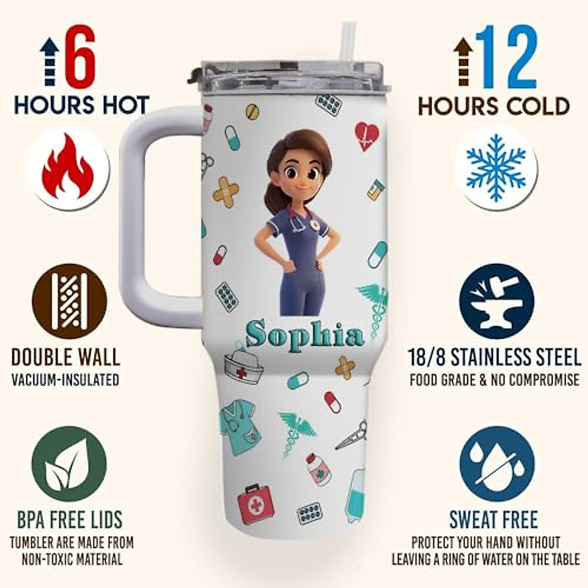 Personalized Nurse Tumbler 40oz -nurse scent analyst-Custom Name Insulated Travel Mug with Handle & Straw, Gift for Nurses, Medical Workers, Appreciation, Mother's Day Ex5kBd