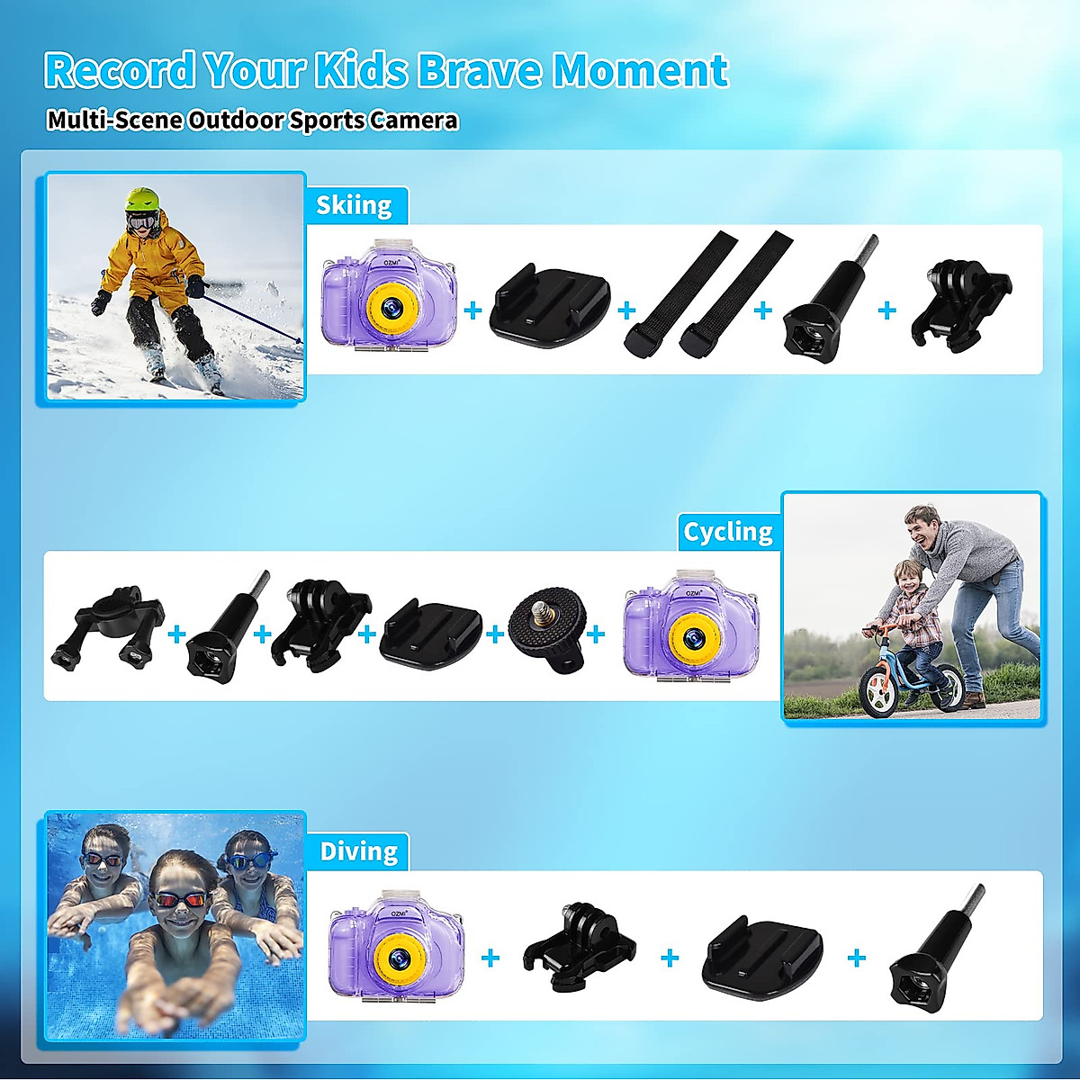 OZMI Gifts for 3 4 5 6 7 8 9 Year Old Girls Boys, Kids Selfie Underwater Waterproof Camera, Christmas Birthday Gifts for Toddler, Children Action Video Recorder Camera with 32GB SD Card, Purple