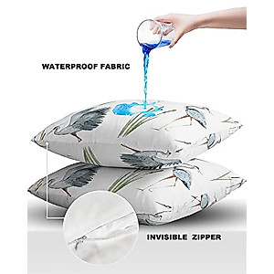 Vandarllin Outdoor Throw Pillows Covers 16X16 Set of 2 Waterproof Heron Wildlife Decorative Zippered Lumbar Cushion Covers for Patio Furniture, Birds in The Water Reeds