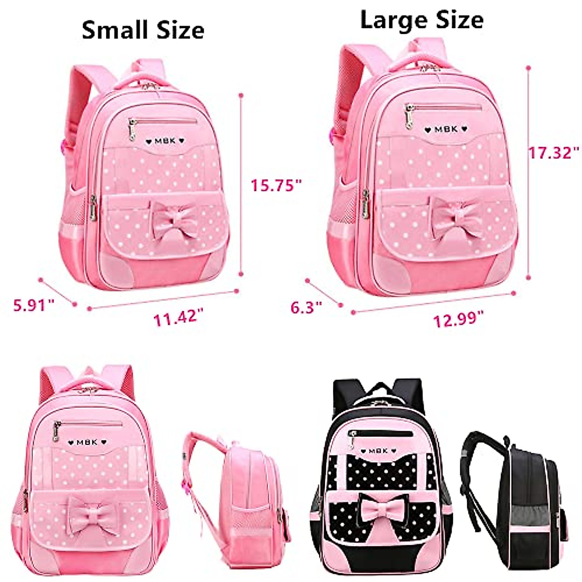 LANSHIYA 2Pcs Princess Bow Girls Backpack 2-Piece Elementary School Bag Kids School Travel Bag Set