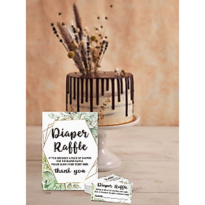 Diaper Raffle Baby Shower Game Set(1 Standing Sign + 50 Guessing Cards), Greenery Diaper Raffle Tickets for Baby Shower, Gold Foil Baby Shower Party Favor Decor - A13
