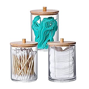 MKLZ 3 Pcs Qtip Holder and Cotton Round Pad Dispenser with Bamboo Lid, Small Clear Acrylic Containers for Cotton Swab/ball, Apothecary Jars Set for Bathroom/Restroom/Vanity/Makeup Storage Organizer