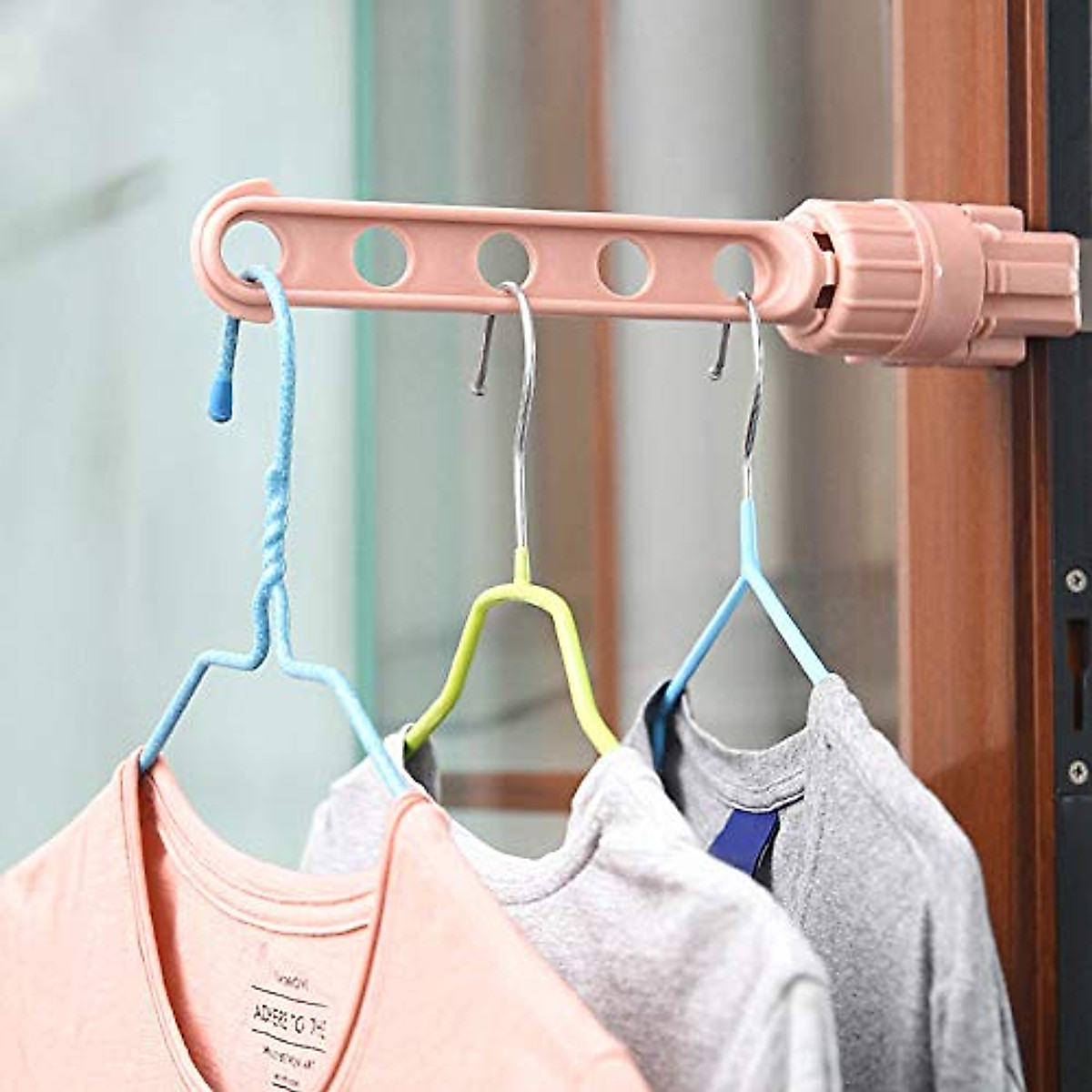 Maserfaliw Clothes Hanger Portable Indoor Balcony 5 Hole Clothes Hanging Drying Rack Window Frame Hanger Pink