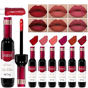 DAGEDA 6Pcs Velvet Wine Lip Tint,Matte Lipstick Velvety Lip Makeup Set, Highly Pigmented Liquid Lipstick, Non-stick Cup Lip Makeup Gift Kit for Girls Women(A Set)