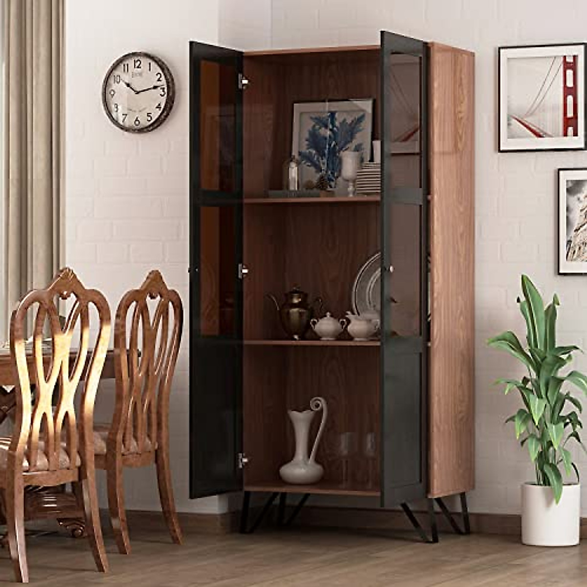 ECACAD 3-Tier Tall Bookcase Storage Cabinet with 2 Acrylic Glass Doors, Wood Bookshelf Display Cabinet with Metal Legs for Living Room & Office, Brown and Black (31.5”L x 15.9”W x 70.7”H)