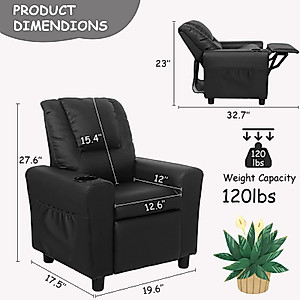 chizzysit Kids Recliner Chairs for Toddlers, Toddler Recliner for Kids Age 1-4 with Cup Holder and Side Pockets, Kids Sofa Couch for Children Bedroom, Living Room, Black