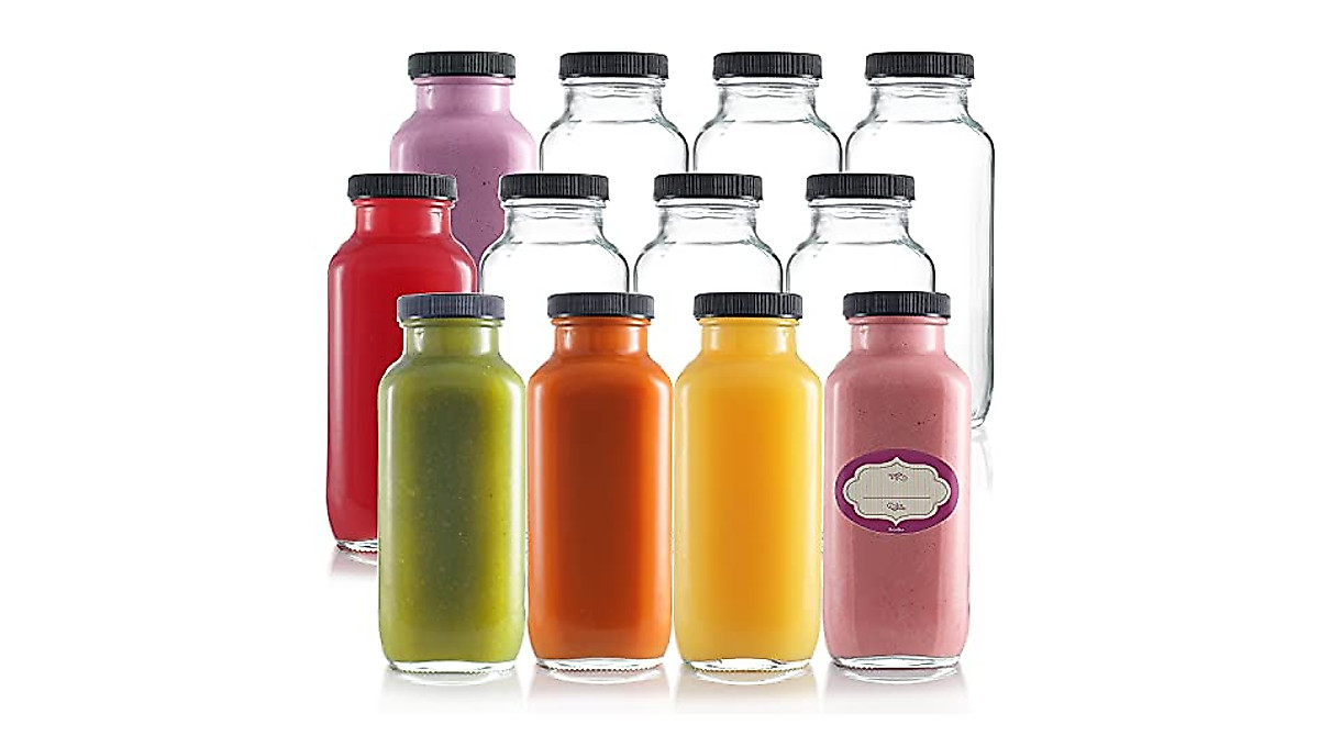 DilaBee 12 Pack Glass Juice Bottles - 16 Oz Reusable