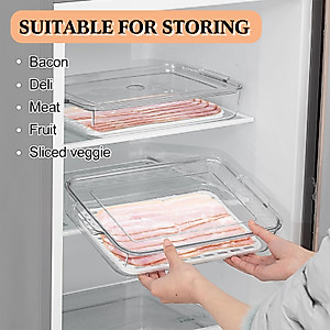 2 Pcs Bacon Storage Container for Refrigerator with Tong, Bacon Deli Meat Storage Container with Perforated Tray for Freshness, Clear Plastic Meat Saver for Fridge Food