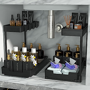 DEKAVA Under Sink Organizer L-Shaped, 2 Tier Bathroom Organizer, Narrow Space Under Sink Organizers and Storage for Kitchen Bathroom (Black, 2 Pack)